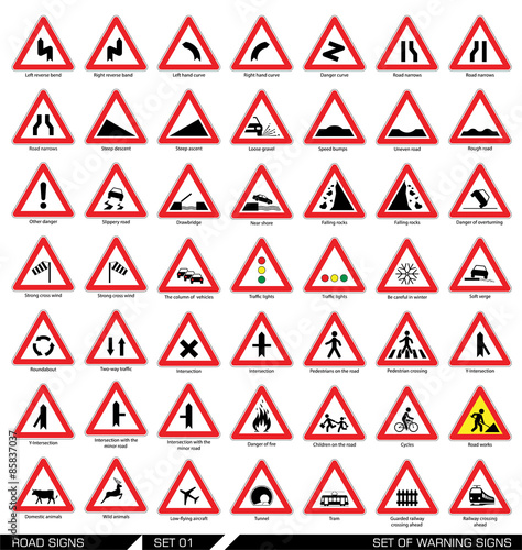 Set of warning road signs. Collection of triangular warning traffic ... Set of warning road signs. Collection of triangular warning traffic ...