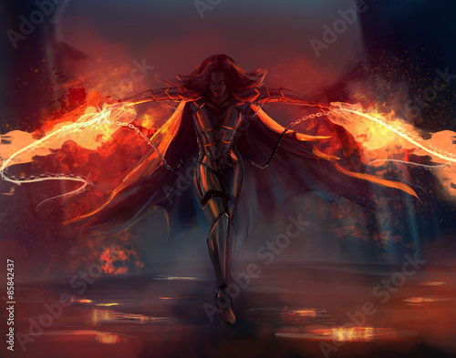 Fantasy warrior armored woman attack with fire chains action ...