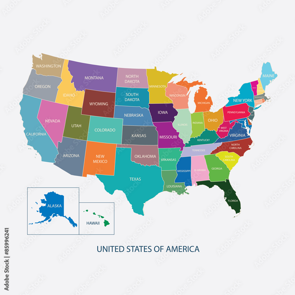 Стоковое векторное изображение «USA MAP IN COLOR WITH NAME OF COUNTRIES ...