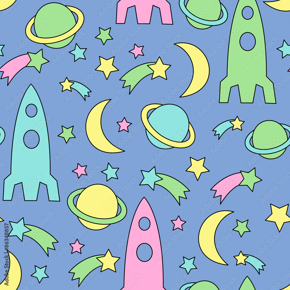 Seamless space pattern. Bright cosmic background with stars, planet ...