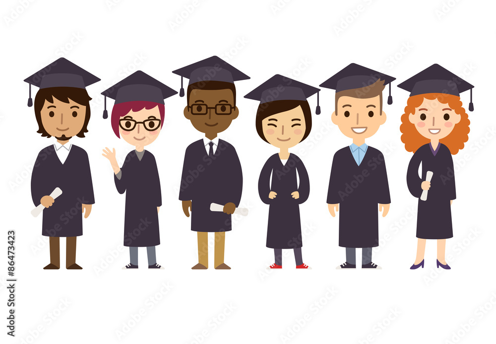 Set of diverse college or university graduation students with diplomas ...