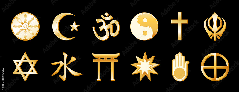 World Religions, symbols of international faiths, Buddhism, Islam ...
