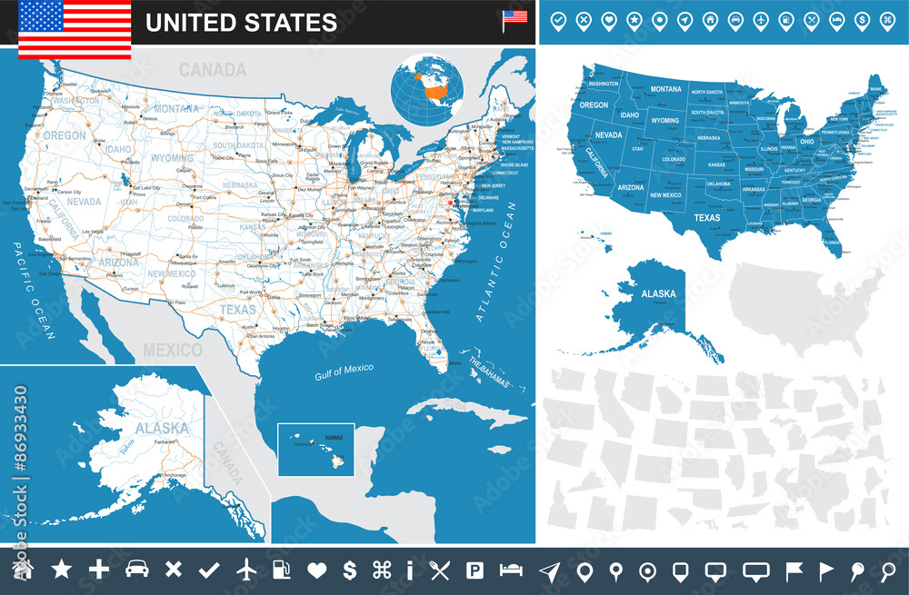 USA map and flag - highly detailed vector illustration. Image contains ...