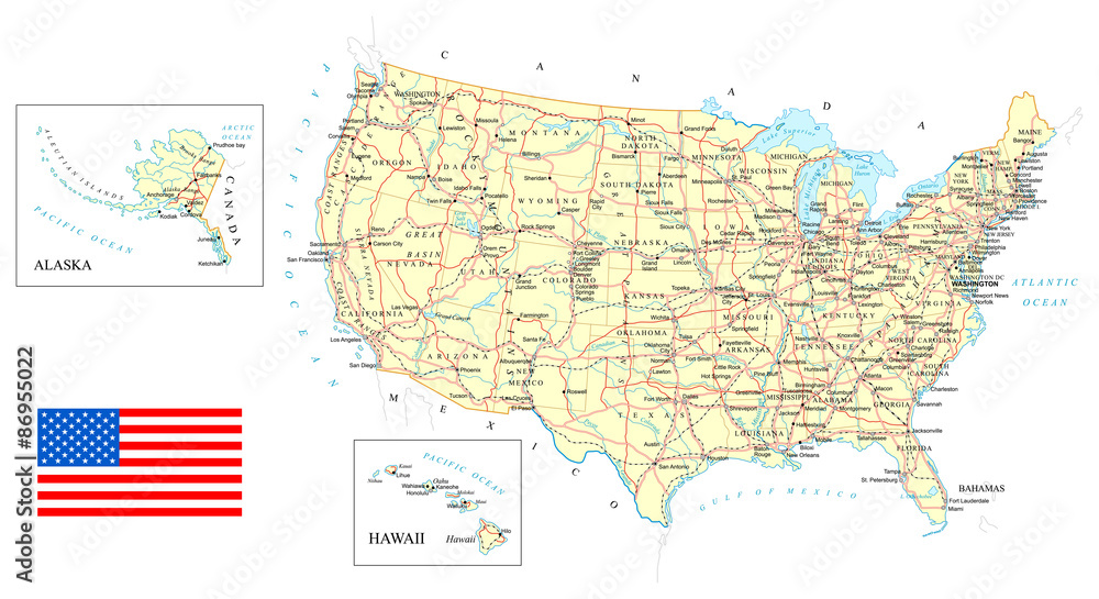 USA - detailed map - illustration.Map contains topographic contours ...