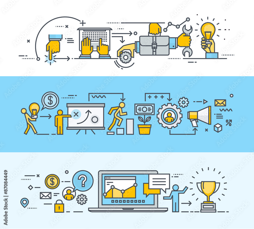 Thin line flat design banners for teamwork, business and marketing plan ...