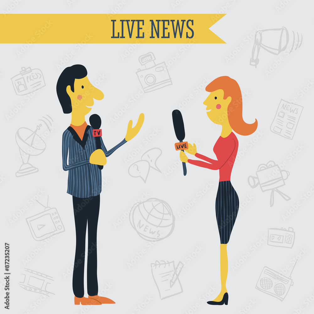 Journalist news reporter interview holding microphones on background of hand drawn mass media ...