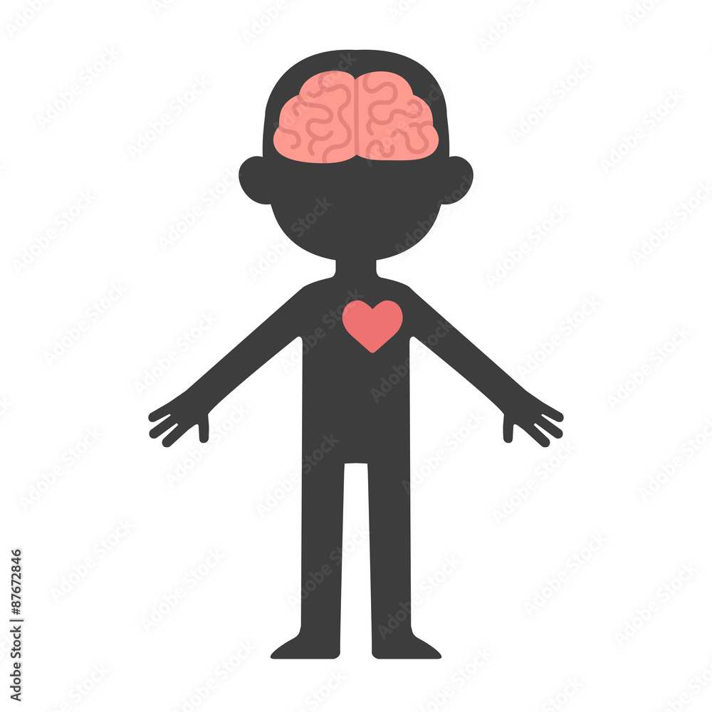 Cartoon human body silhouette with visible brain and heart. Stock ...