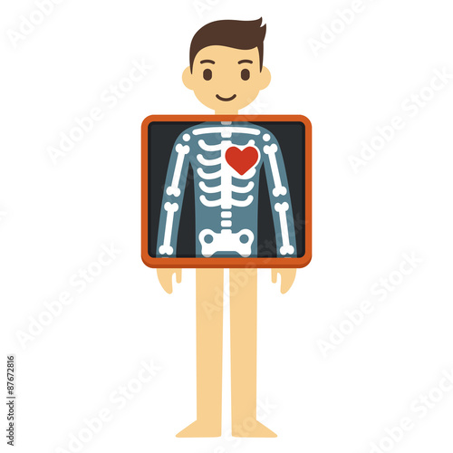 Cute cartoon adult man with x-ray screen showing his skeleton and ...