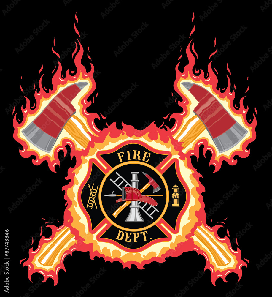Firefighter Cross With Axes and Flames is an illustration of a fire ...