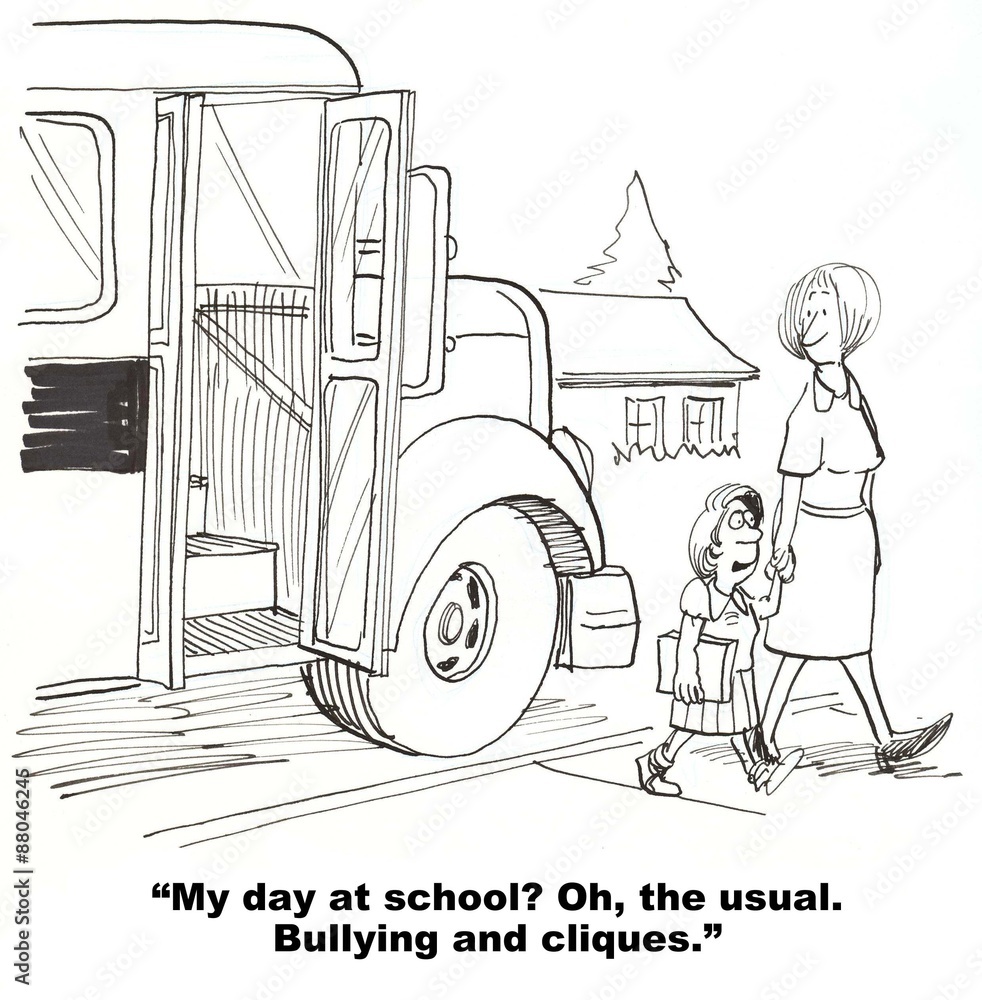 Education cartoon showing young girl get off bus to mother. Girl says ...