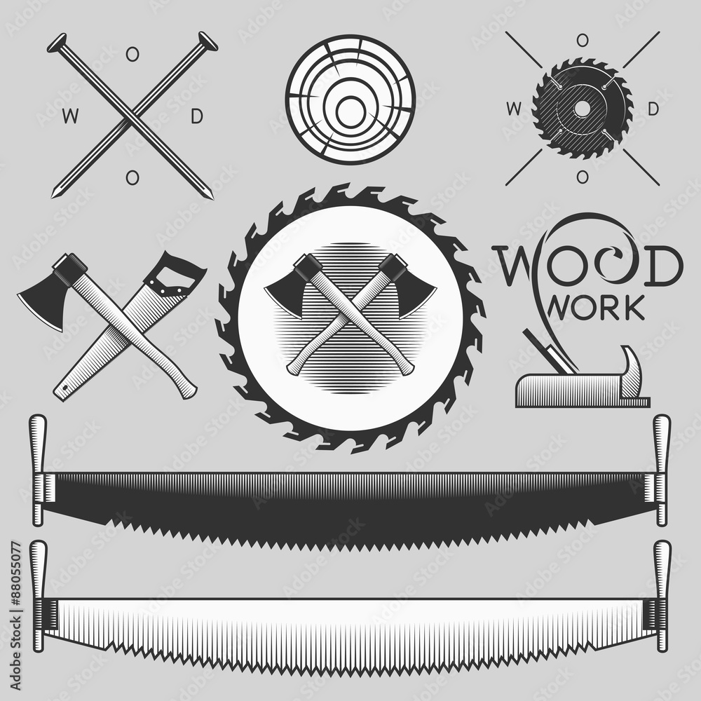 Vintage wood works and carpentry emblems, logos templates, labels ...