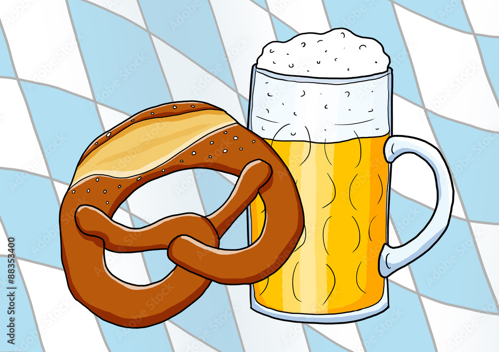 Bayern Oktoberfest, Bier mit Brezel Stock Illustration | Adobe Stock