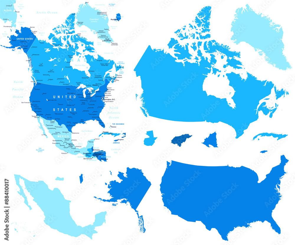 Vector illustration of North America map and country contours. Stock ...