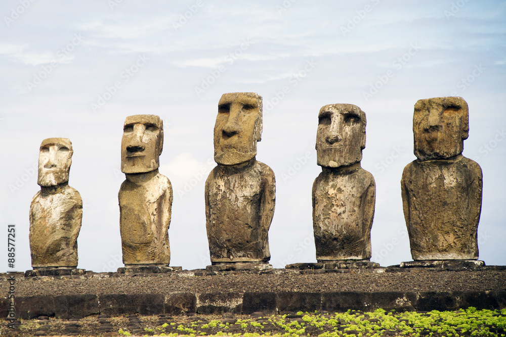 Five of the 15 statues (moai) on the islands largest platform at Ahu ...