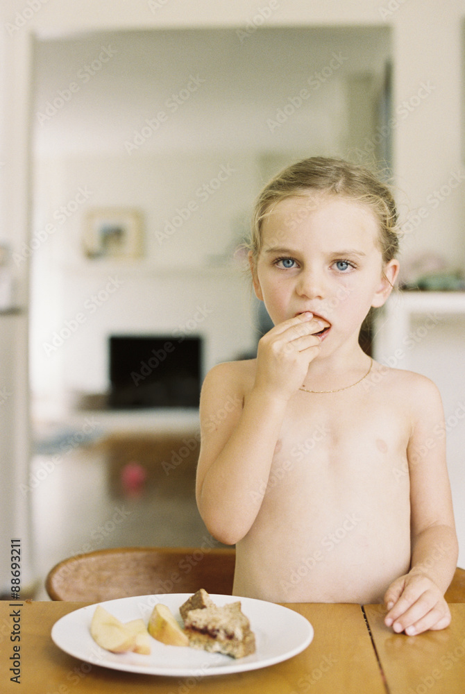 ภาพถ าย Stock Shirtless Young Girl Sandwich And Apple Adobe Stock