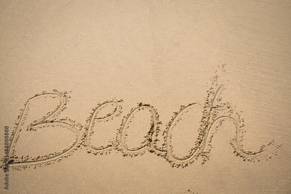 The word beach written in the sand on a beach in Mozambique Stock Photo ...