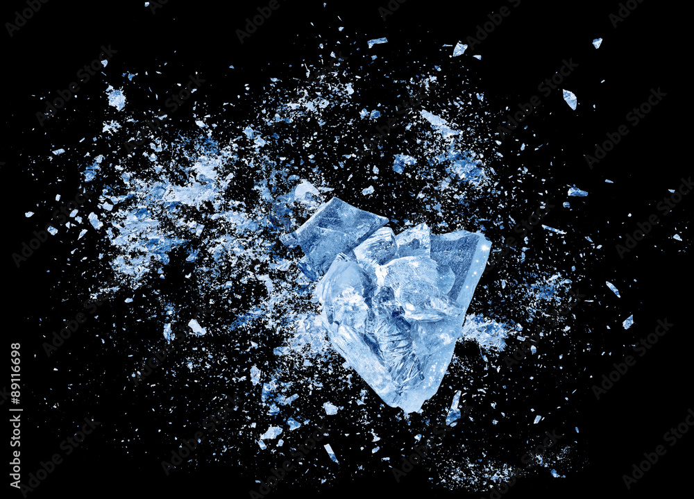 Abstract blue Ice crash explosion parts on black background. Collision ...