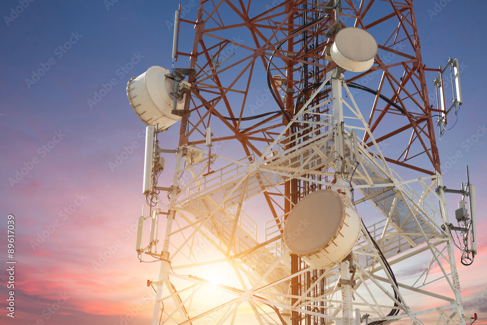 Satellite dish telecom tower at sunset Stock Photo | Adobe Stock