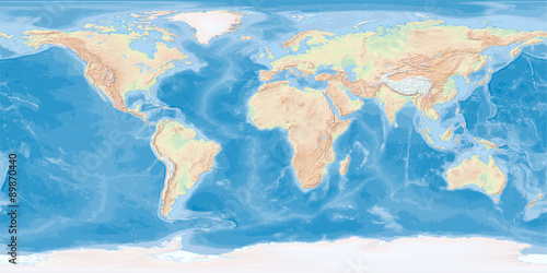 World map in WGS84 projection with hypsometric tints and shaded relief ...
