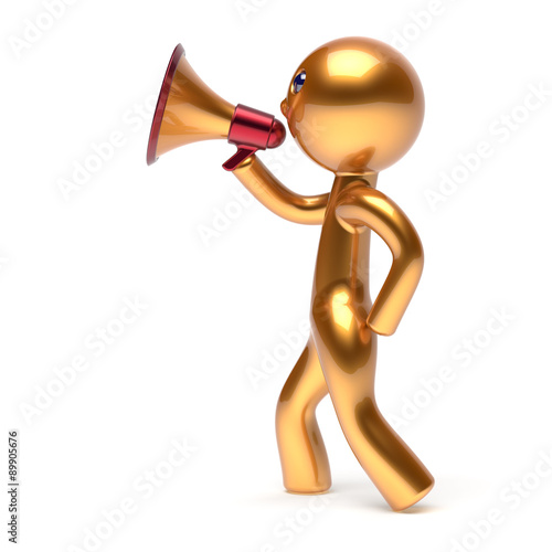 Man speaking bullhorn megaphone character making announcement news ...
