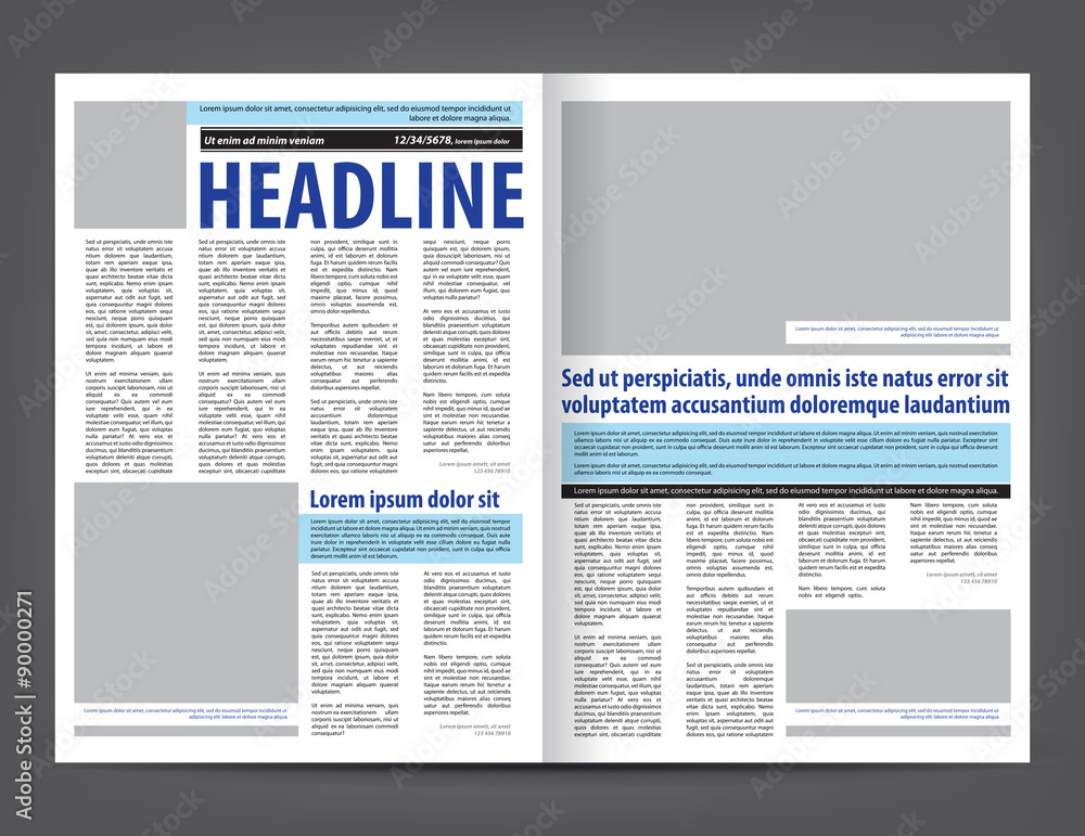 Vector empty newspaper print template design layout with blue and black ...