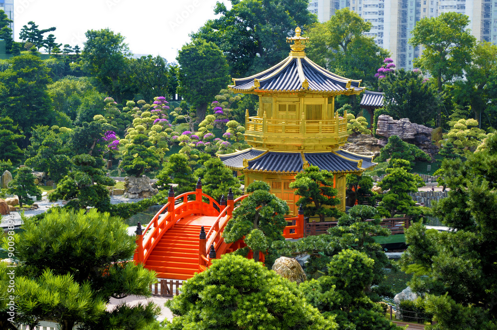 Golden Pagoda and famous landmark red bridge Chi Lan Kowloon City Hong ...