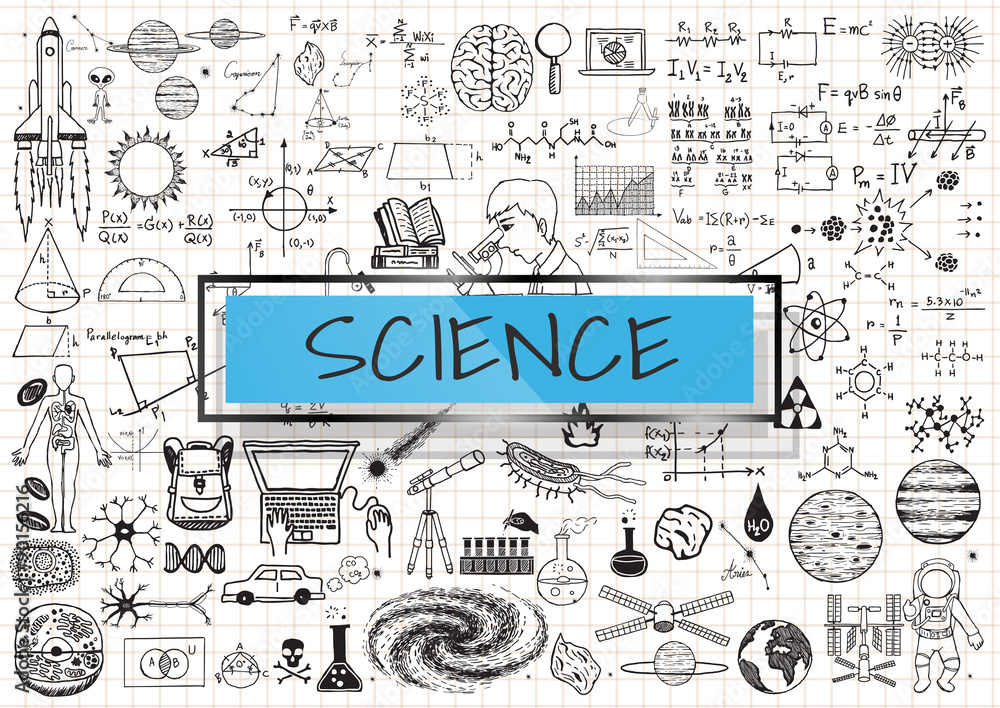 Science doodles on white grid paper background with light blue ...