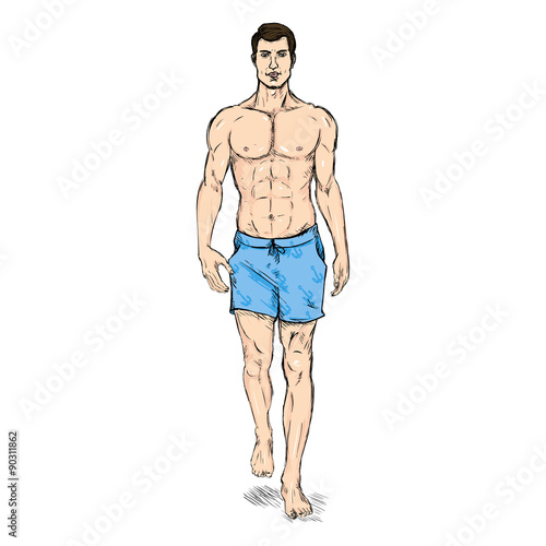 Vector Single Sketch Illustration - Fashion Male Model in Shorts Stock ...