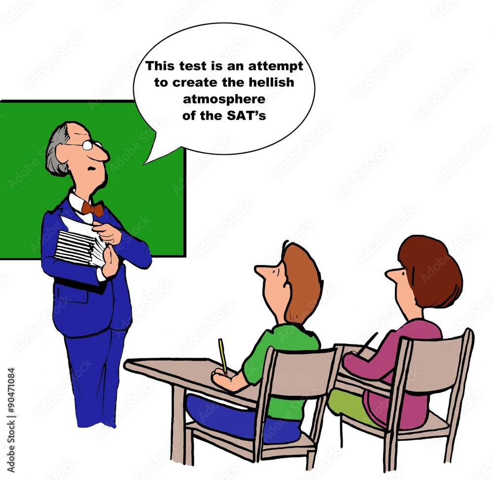 Education cartoon showing students in a classroom. Teacher is holding a ...