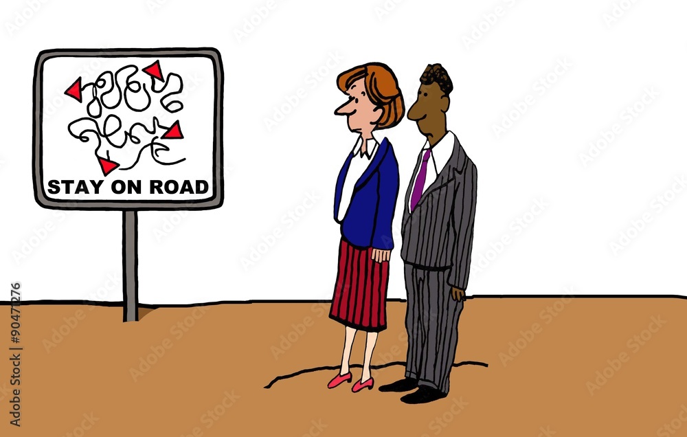 Business cartoon showing two businesspeople on dirt path. Sign reads ...