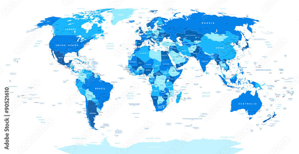 Blue World Map - borders, countries and cities -illustration. Image ...