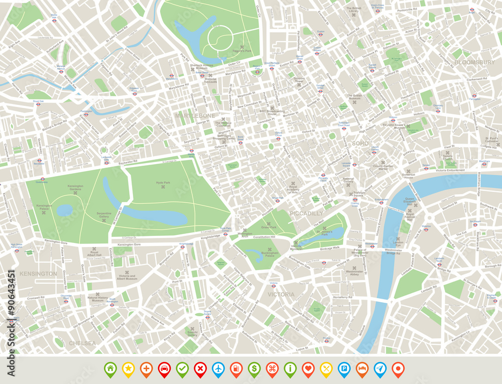 London Map and Navigation Icons. Map includes streets, parks, names of ...