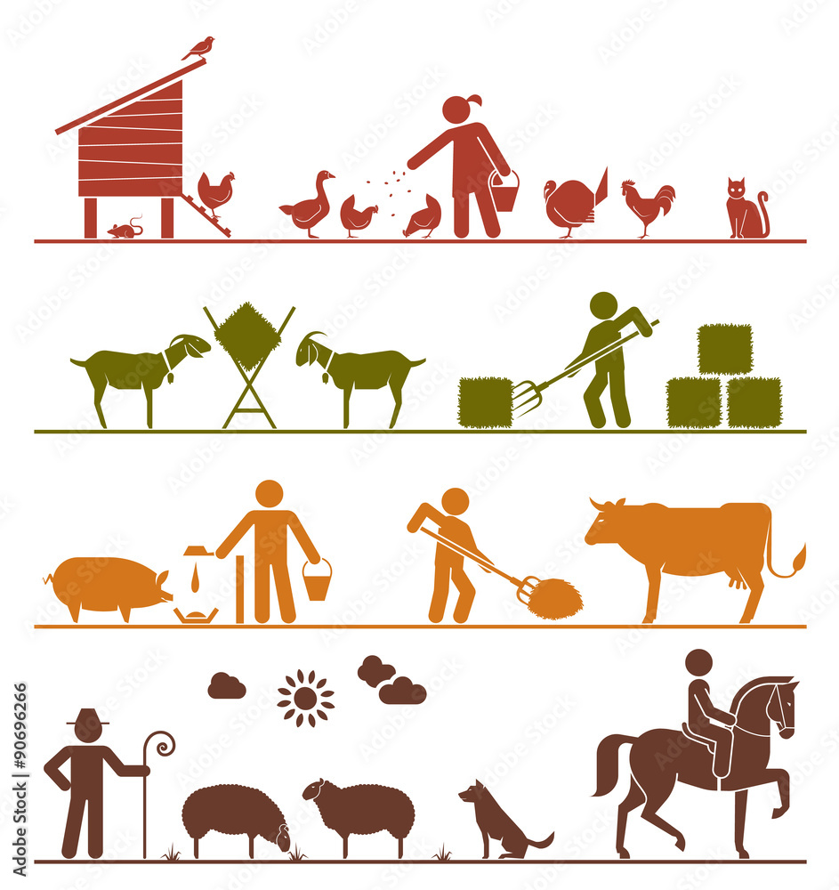 Pictogram icons presenting feeding of domestic animals on the farm ...