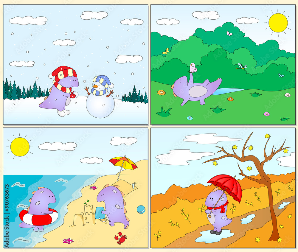 Four seasons: winter, spring, summer and autumn with purple drag Stock ...