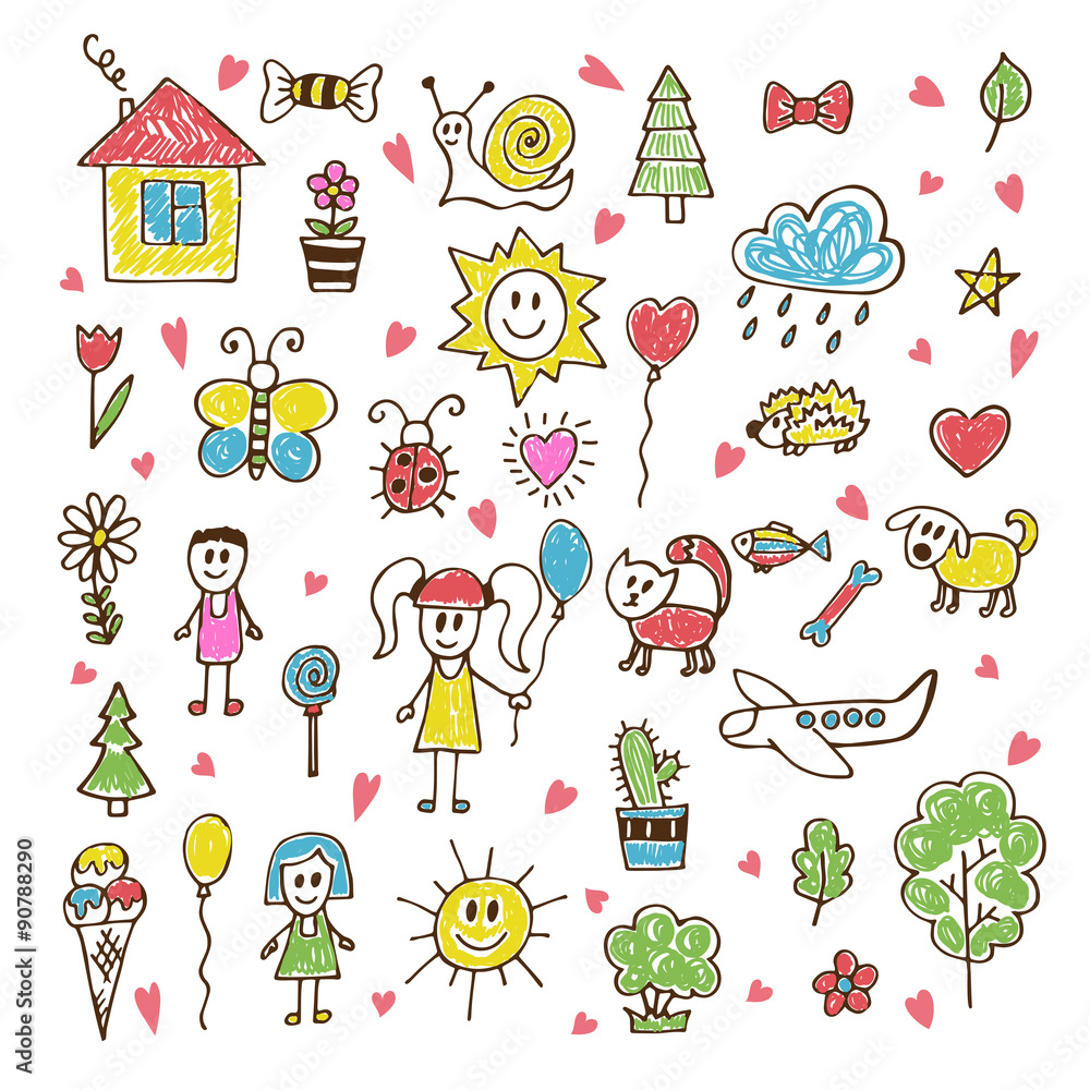 Doodle children drawing. Hand drawn set of drawings in child sty Stock ...