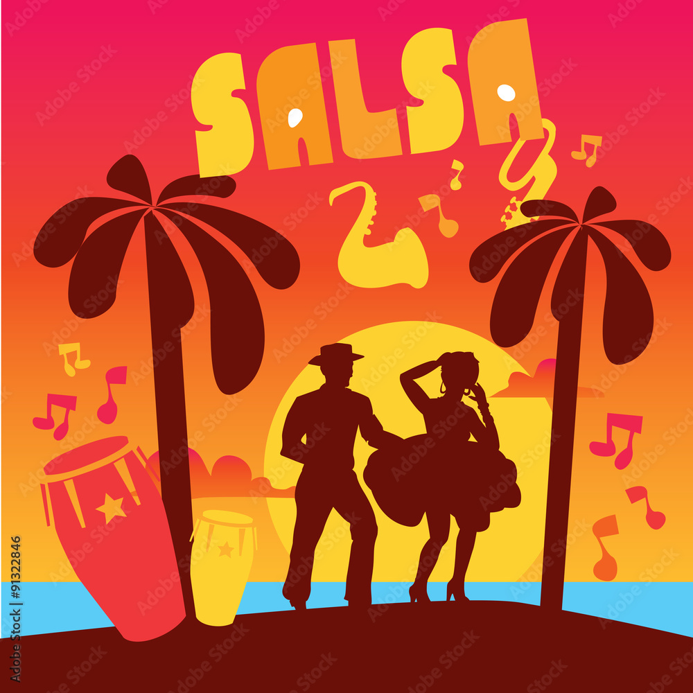 Salsa dancing poster for the party. Cuban couple dance salsa at sunset ...