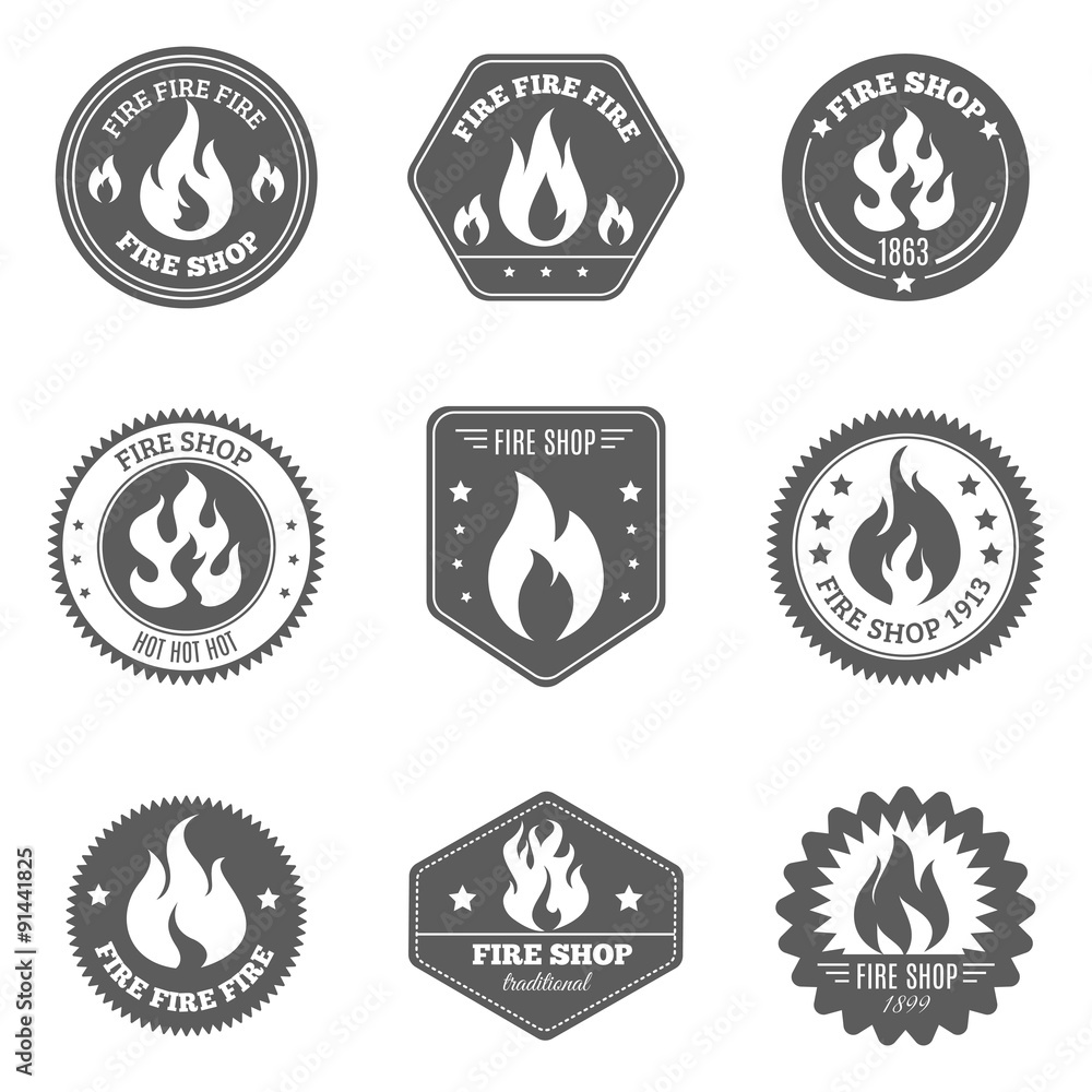 Fire shop emblems icons set black Stock Vector | Adobe Stock