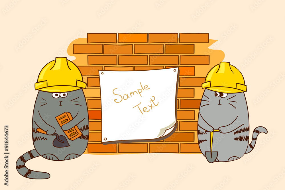 Cartoon cats builders at the brick wall. Funny construction workers ...