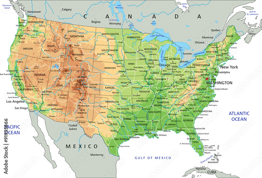 High detailed United States of America physical map with labeling ...