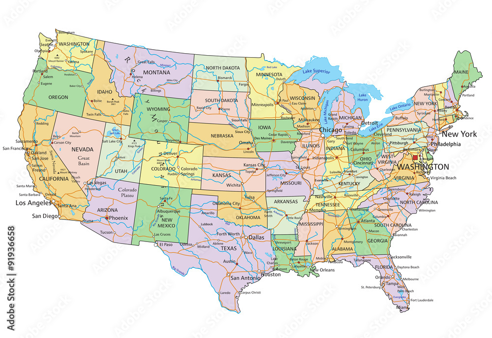United States of America - Highly detailed editable political map with ...