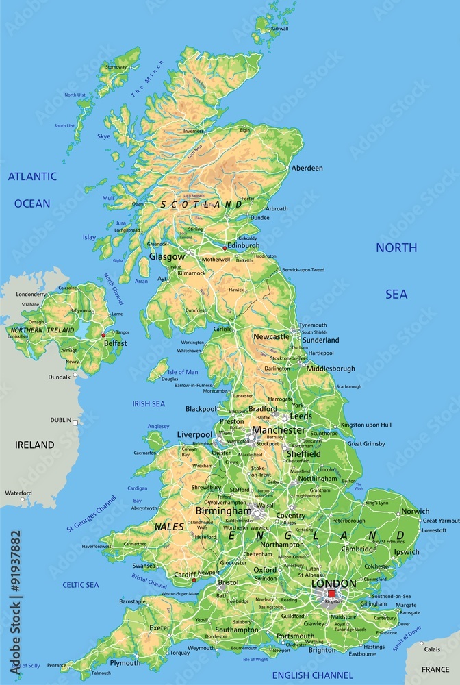 High detailed United Kingdom physical map with labeling. Stock Vector ...