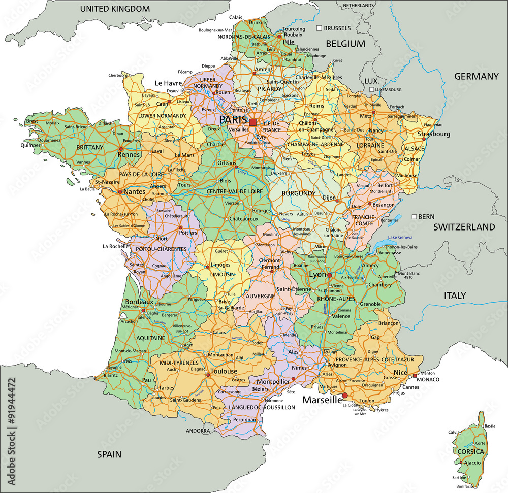 France - Highly detailed editable political map with labeling. Stock ...