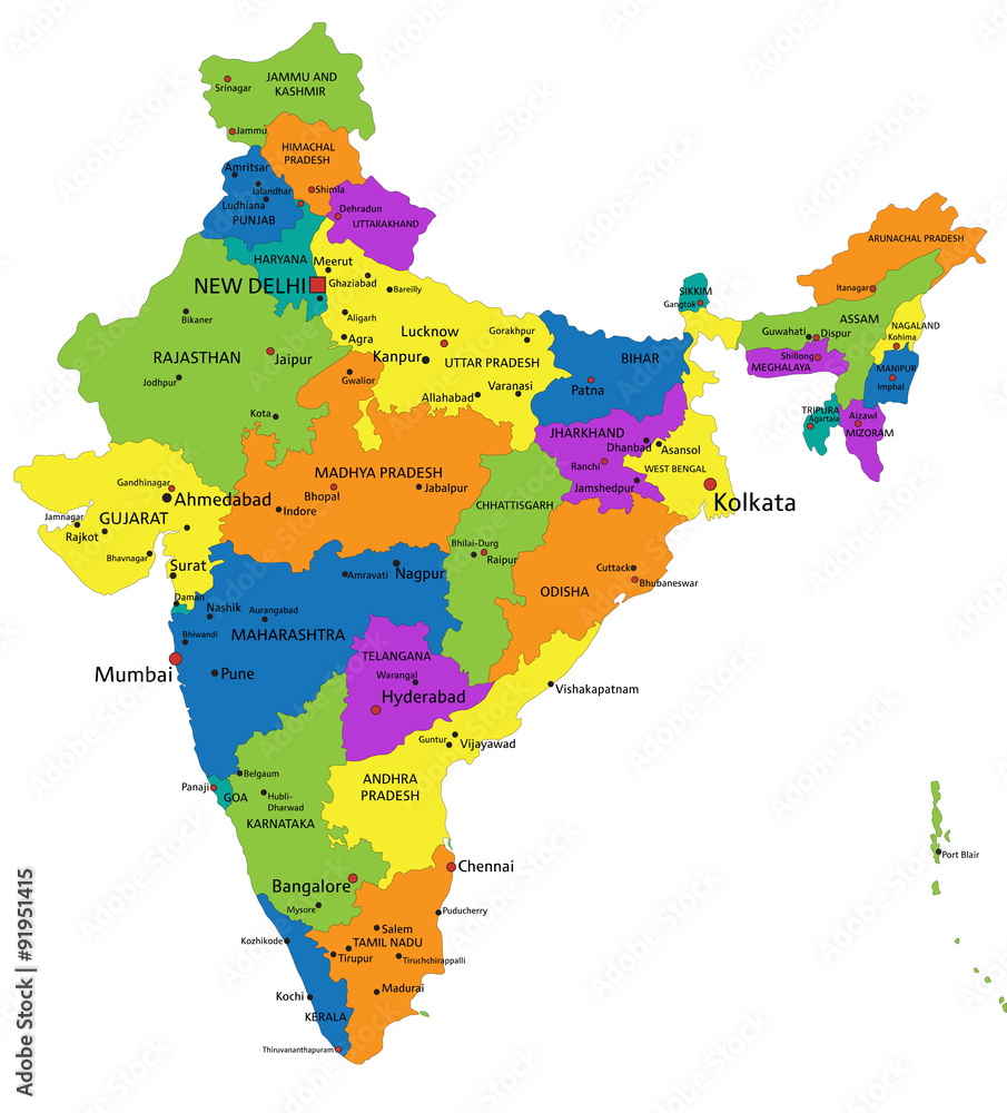 Colorful India political map with clearly labeled, separated layers ...
