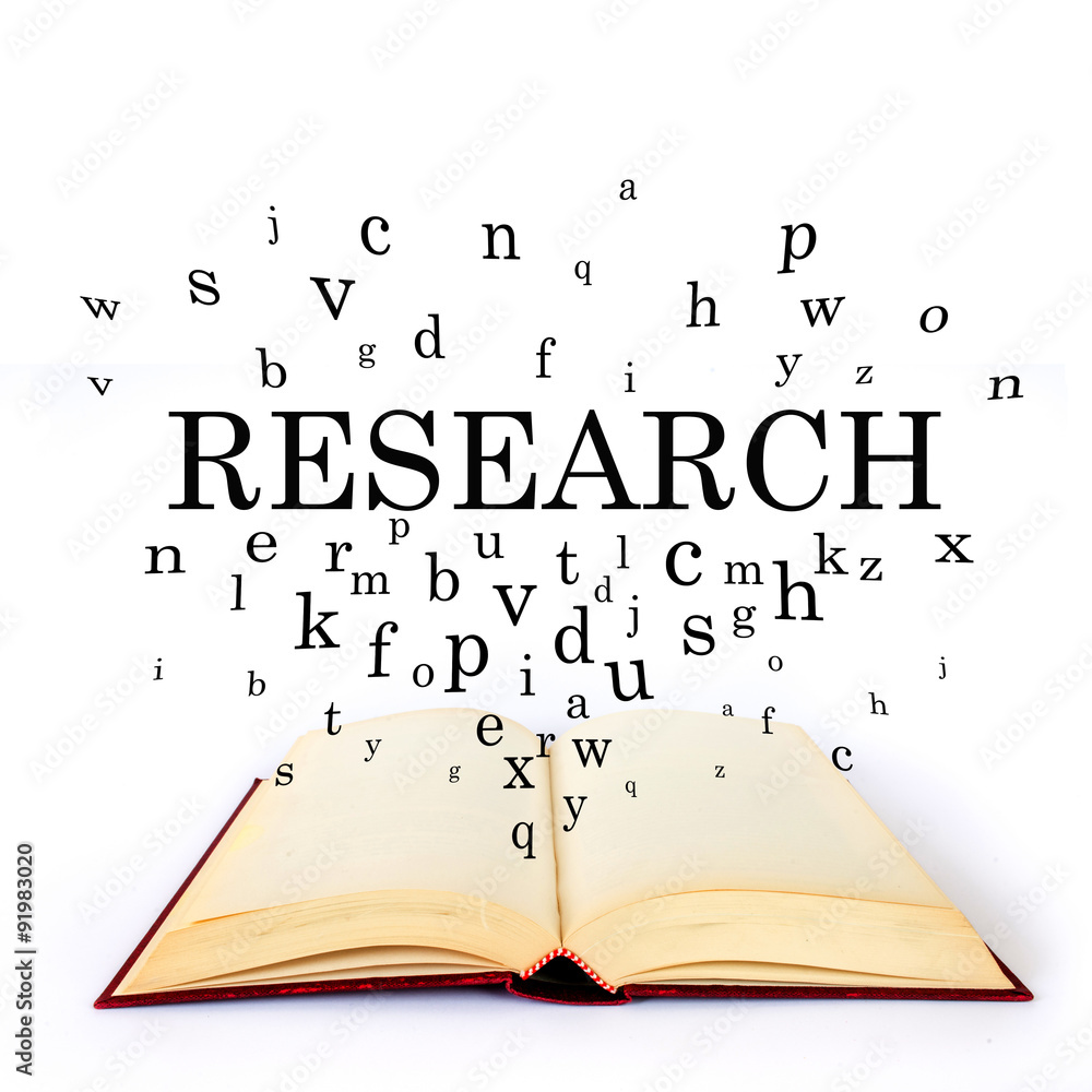 Research, word on the book with letters flying Stock Photo | Adobe Stock