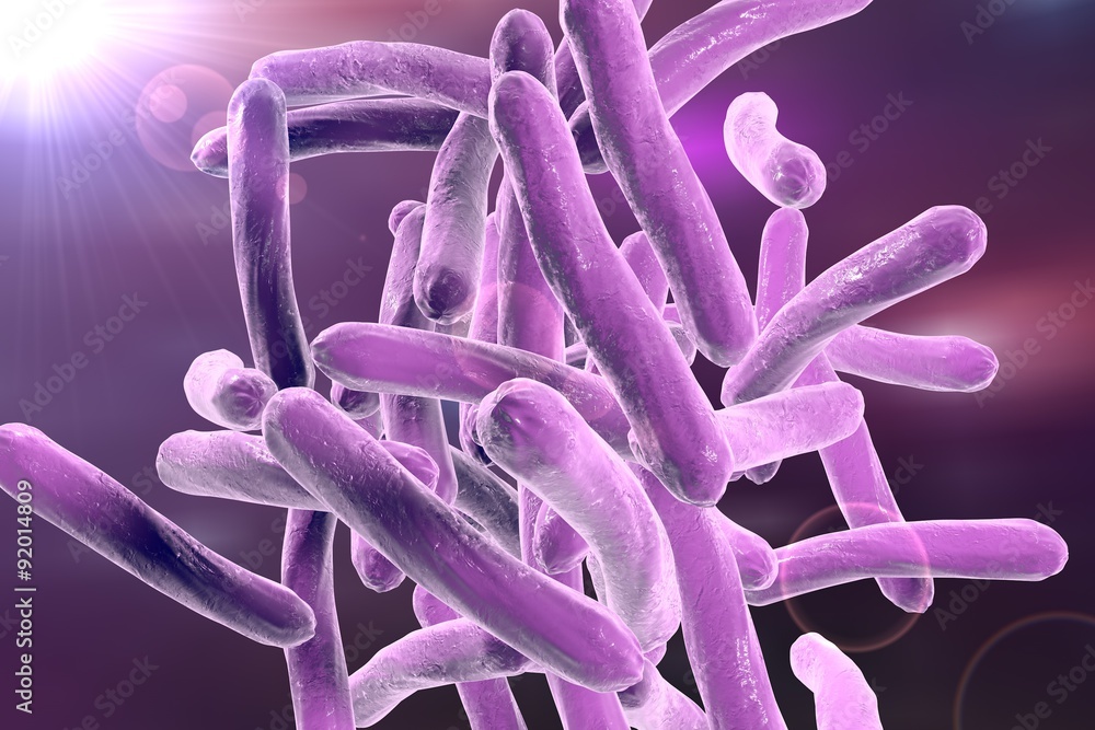 Bacterium. Microscopic view of bacterium Mycobacterium tuberculosis on colorful background ...