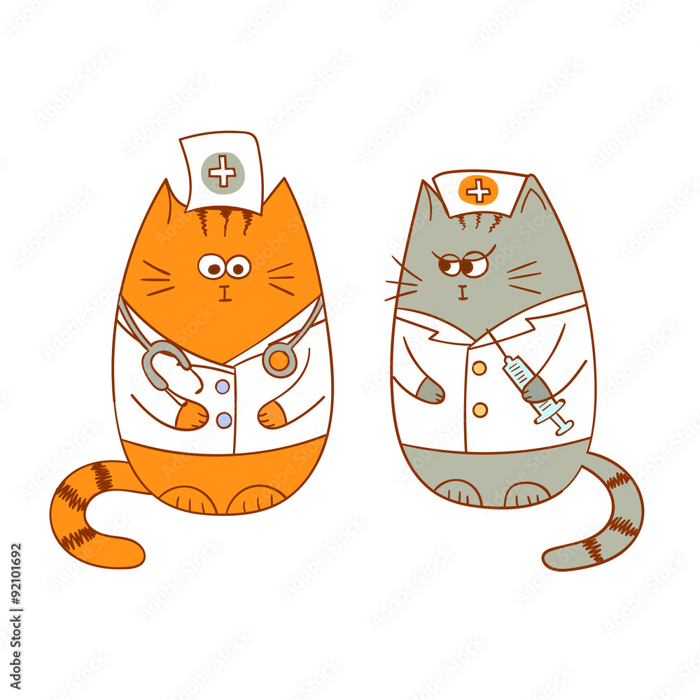Cartoon medical team - the doctor and the nurse. Funny cats characters ...
