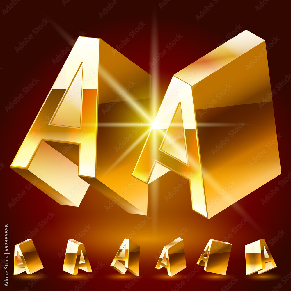 3D vector deluxe alphabet of randomly rotated thin golden symbols. All ...