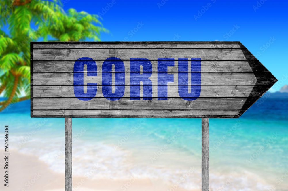 Corfu wooden sign with beach background Stock Photo | Adobe Stock