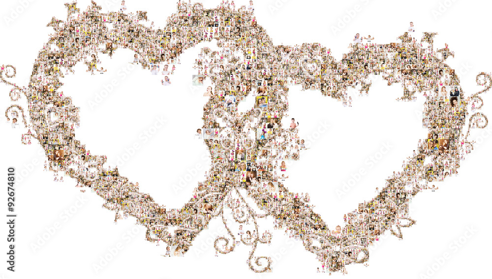 two connected heart. Many portraits of people form the heart. Photo ...