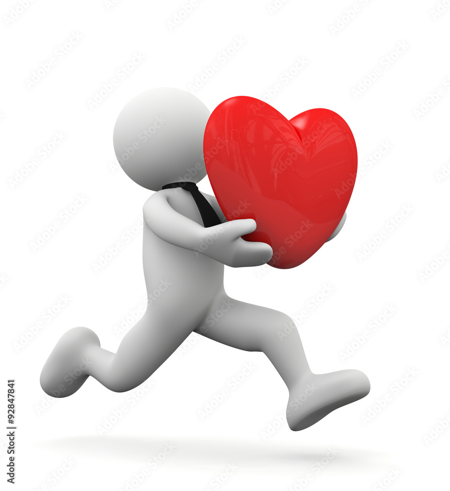 Illustration Stock omino 3d che corre portando un cuore | Adobe Stock